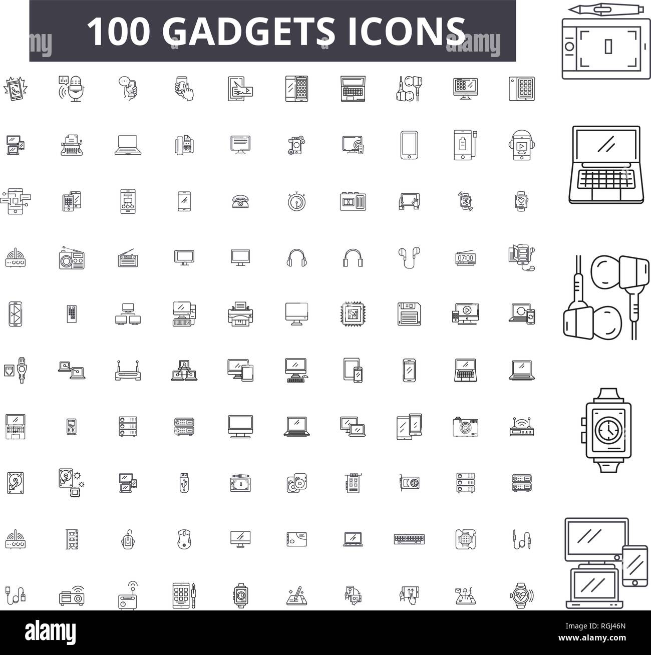 Gadgets editable line icons, 100 vector set, collection. Gadgets black ...