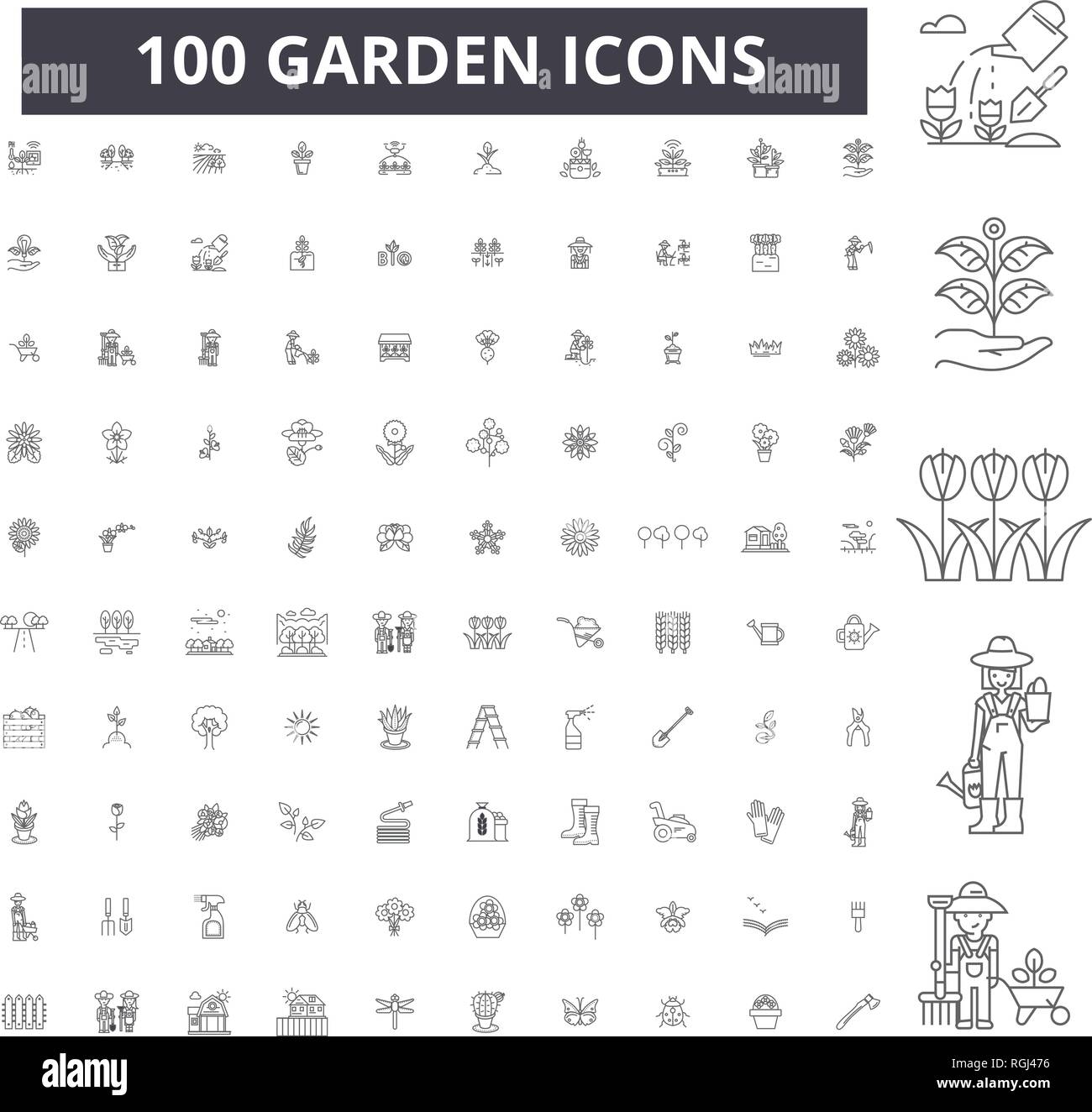 Garden editable line icons, 100 vector set, collection. Garden black ...