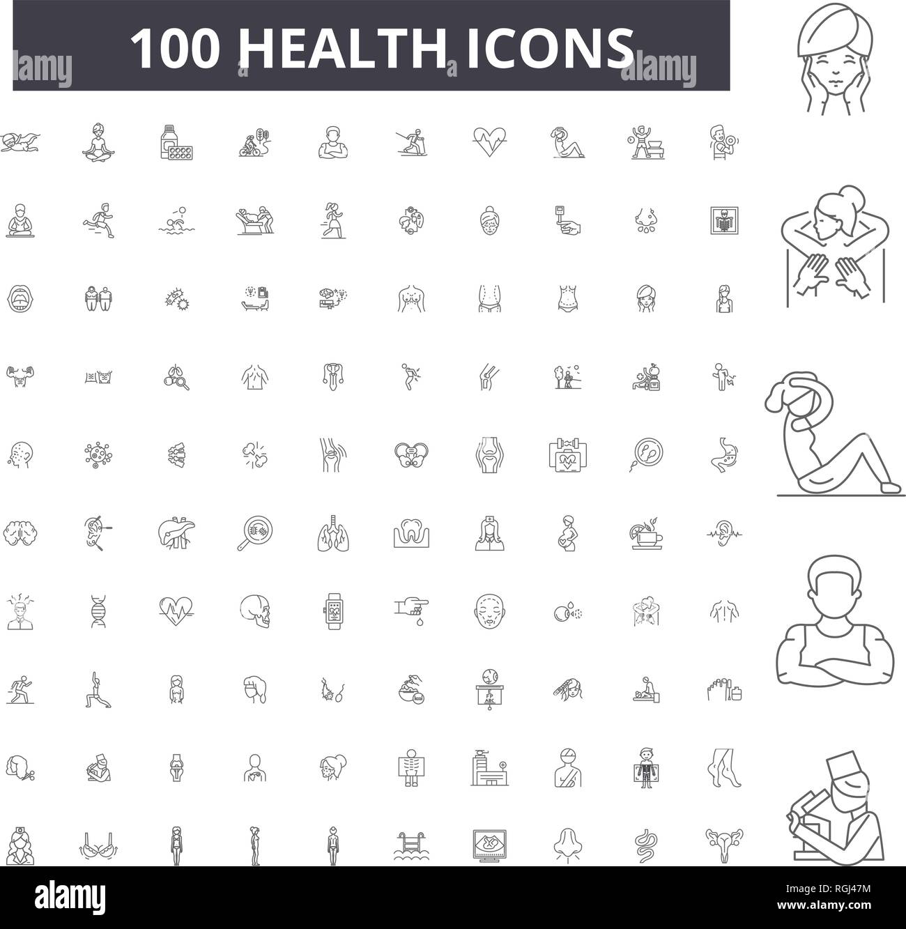 Health editable line icons, 100 vector set, collection. Health black ...