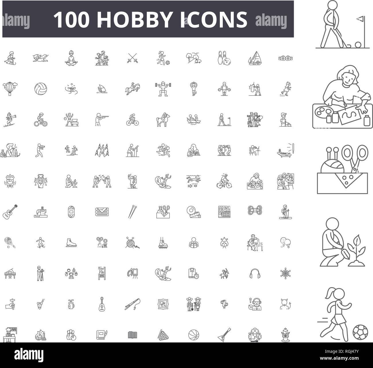 Hobby editable line icons, 100 vector set, collection. Hobby black ...