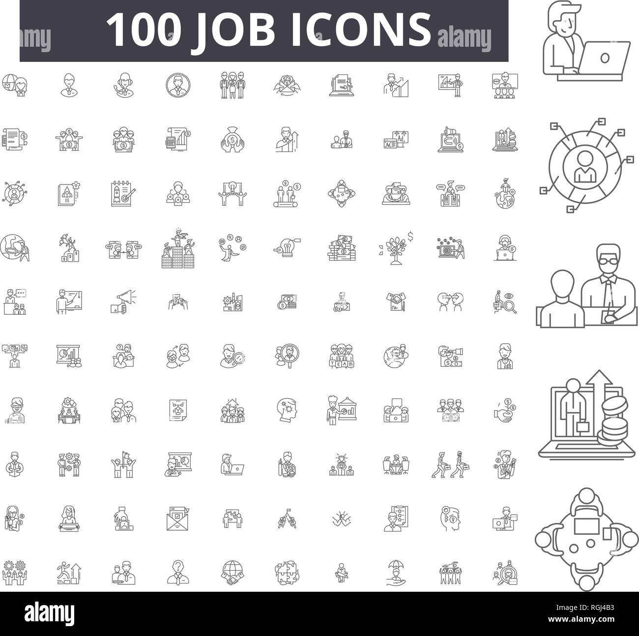 Job editable line icons, 100 vector set, collection. Job black outline ...