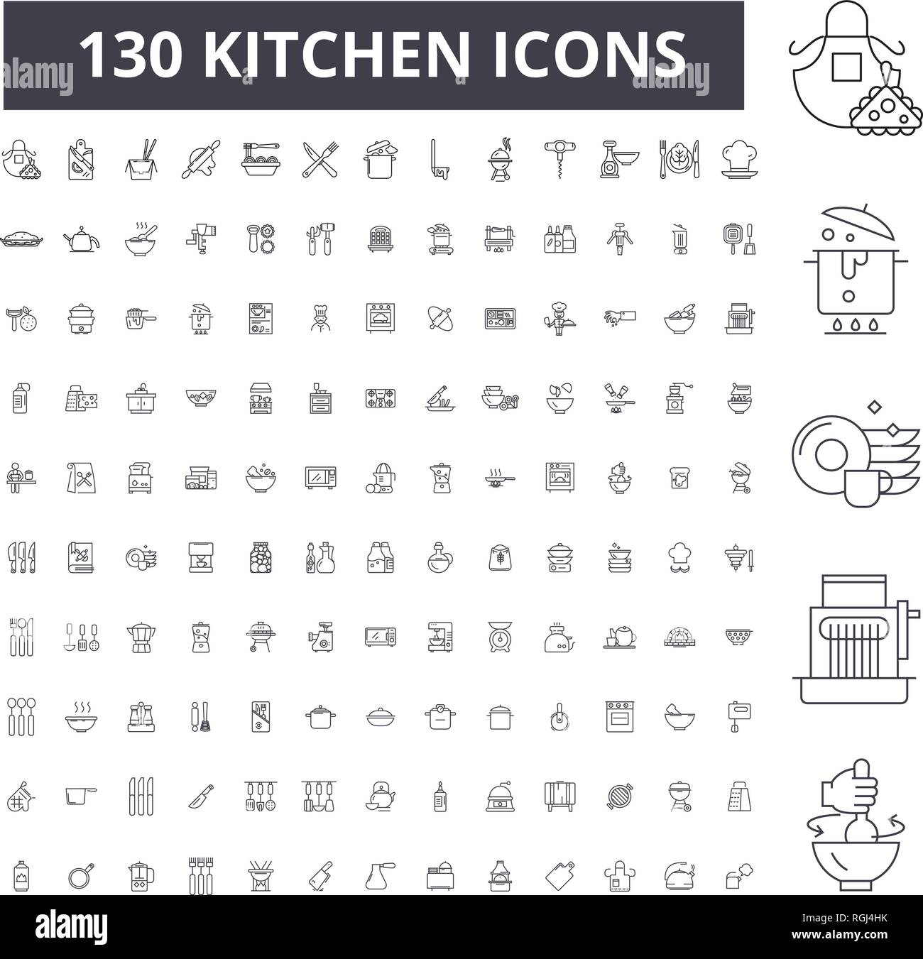 Kitchen editable line icons, 100 vector set, collection. Kitchen black ...
