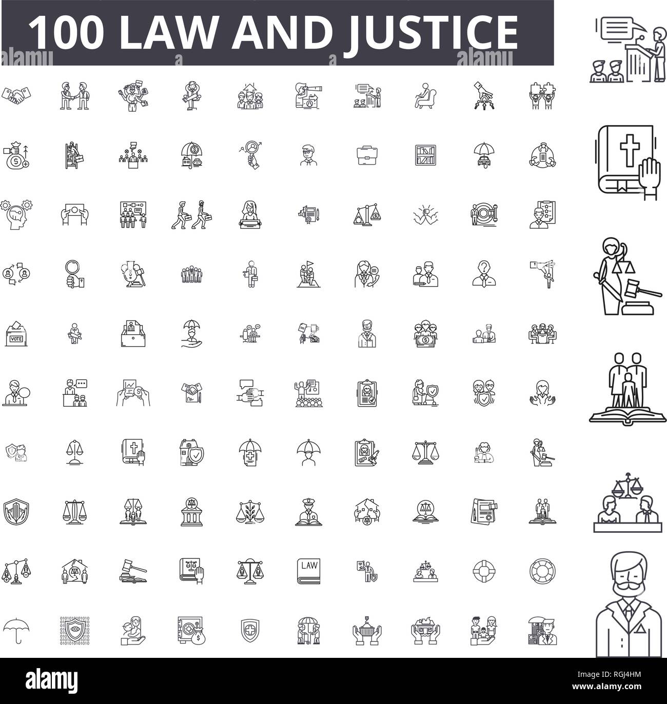 Law justice editable line icons, 100 vector set, collection. Law ...
