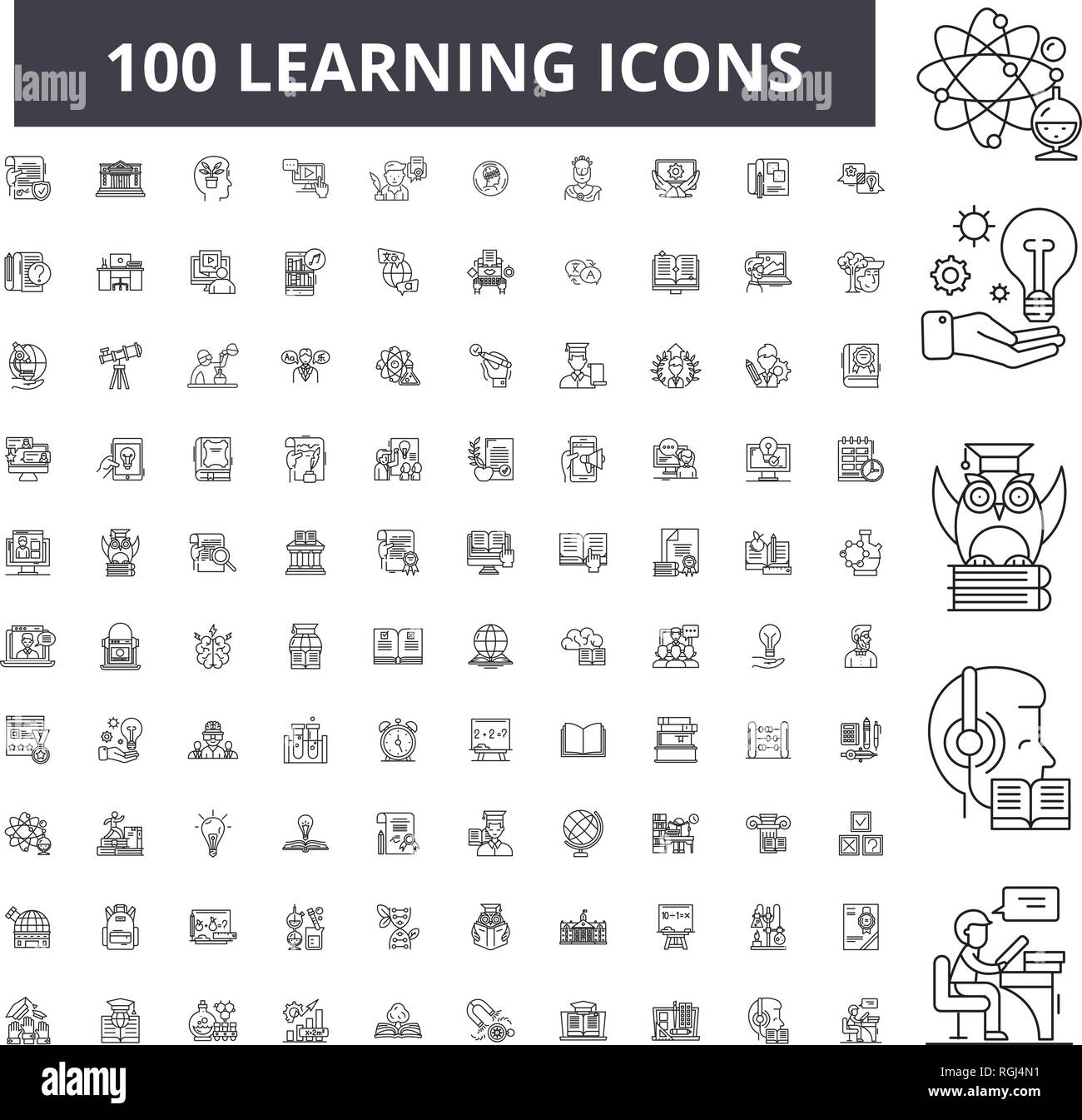 Learning editable line icons, 100 vector set, collection. Learning ...