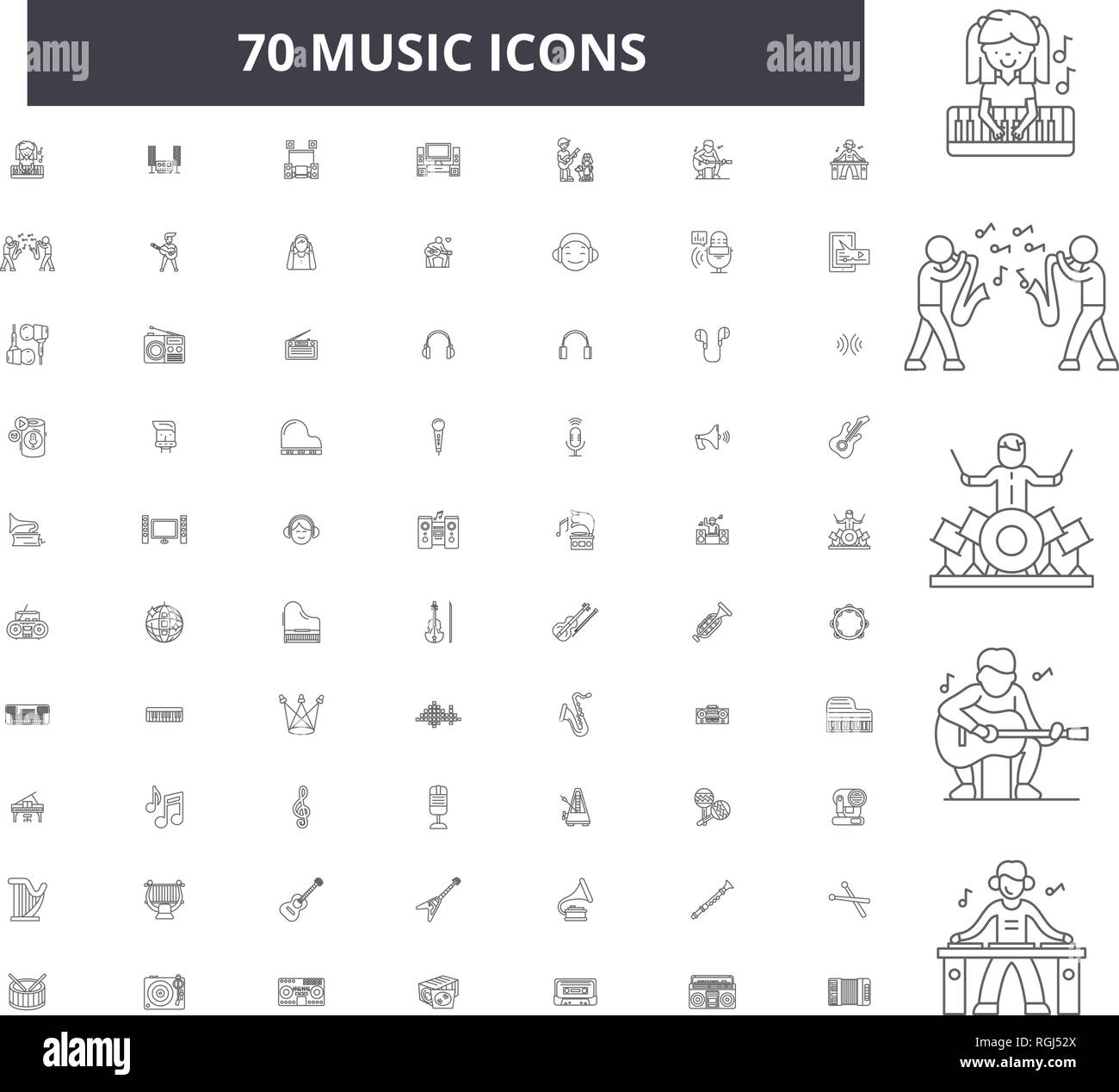 Music editable line icons, 100 vector set, collection. Music black ...