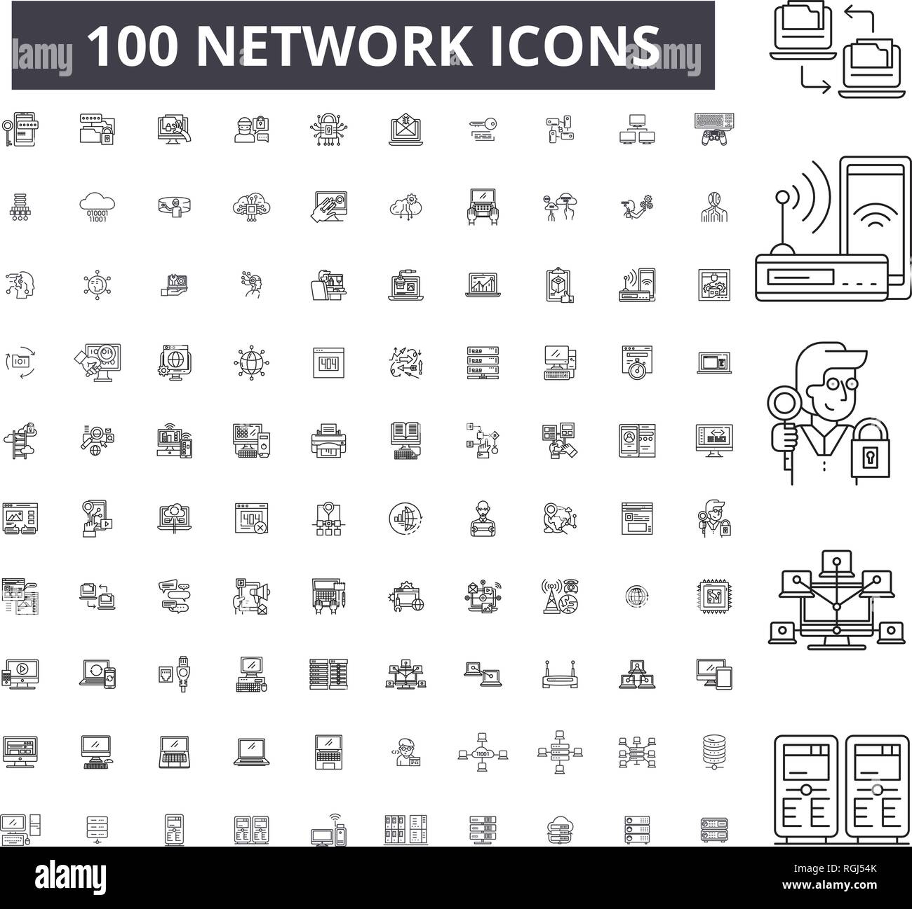 Network editable line icons, 100 vector set, collection. Network black ...