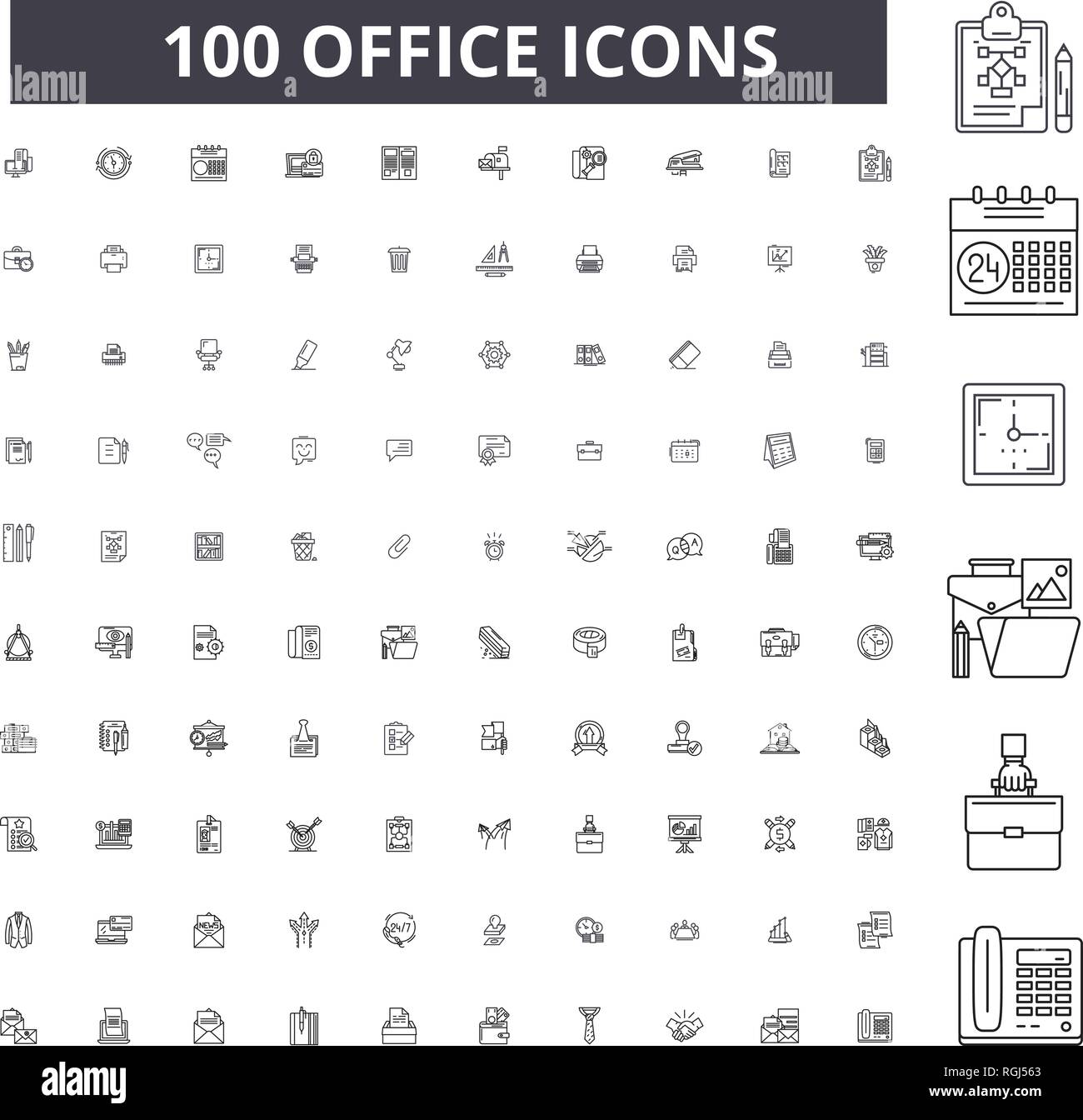 Office editable line icons, 100 vector set, collection. Office black ...