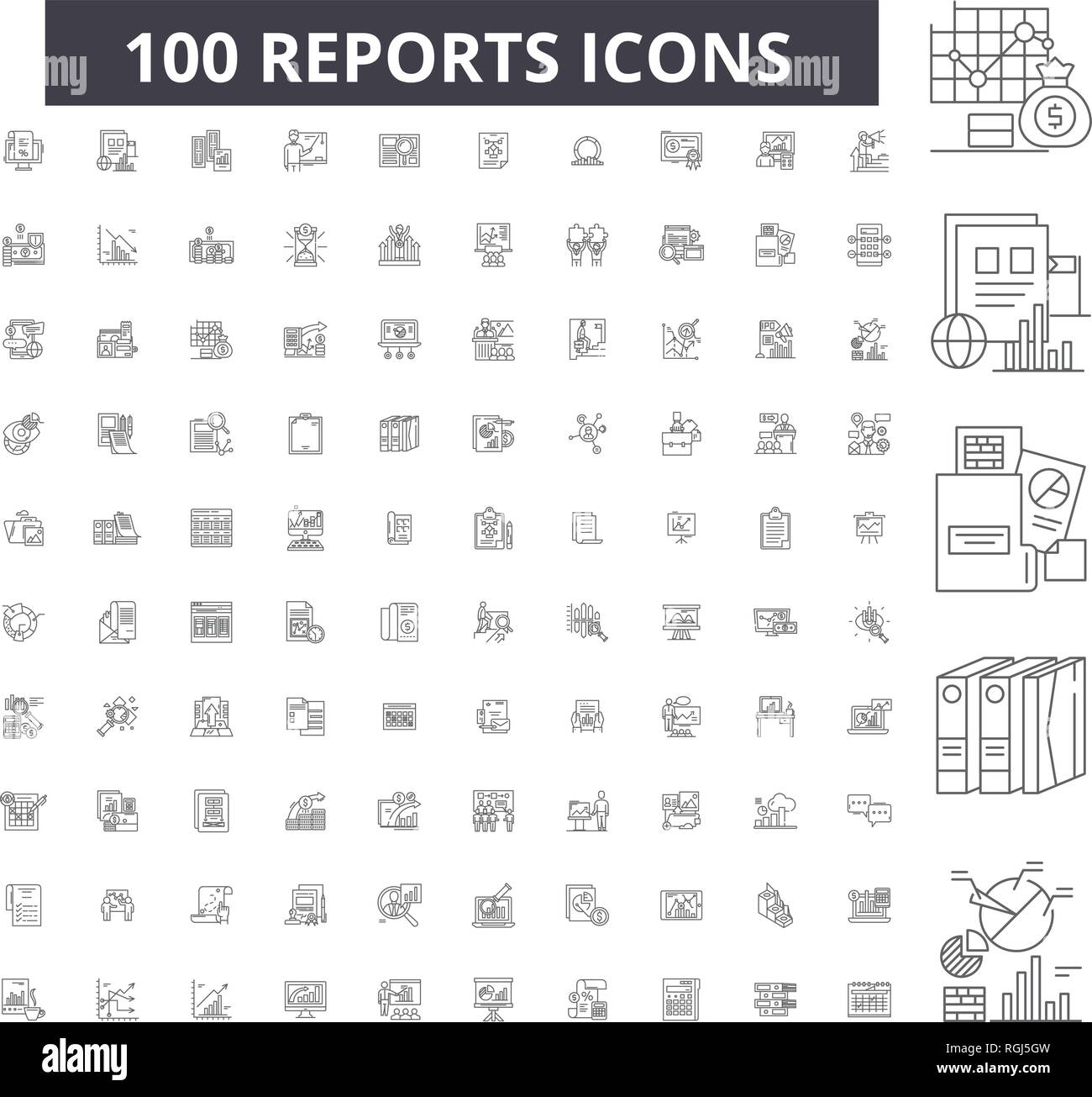 Reports editable line icons, 100 vector set, collection. Reports black ...