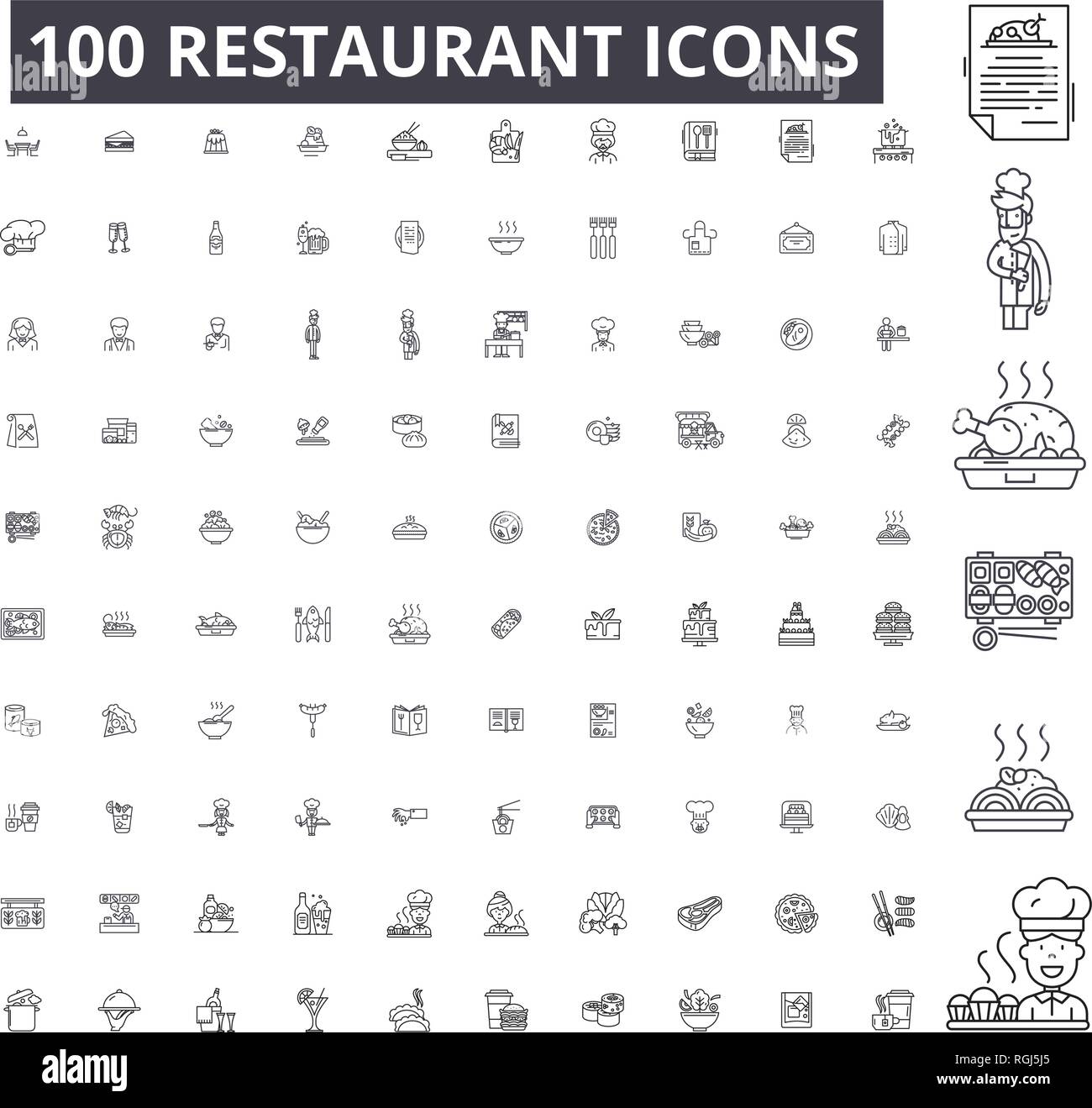 Restaurant editable line icons, 100 vector set, collection. Restaurant ...