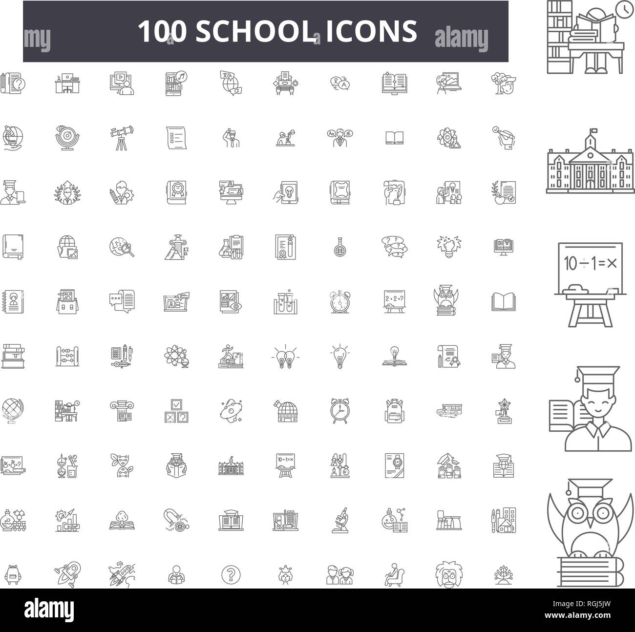 School editable line icons, 100 vector set, collection. School black ...