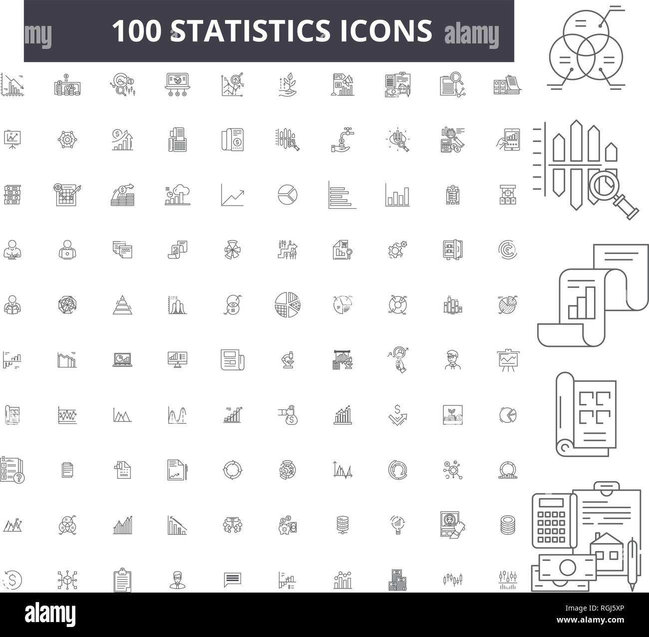 Statistics editable line icons, 100 vector set, collection. Statistics ...