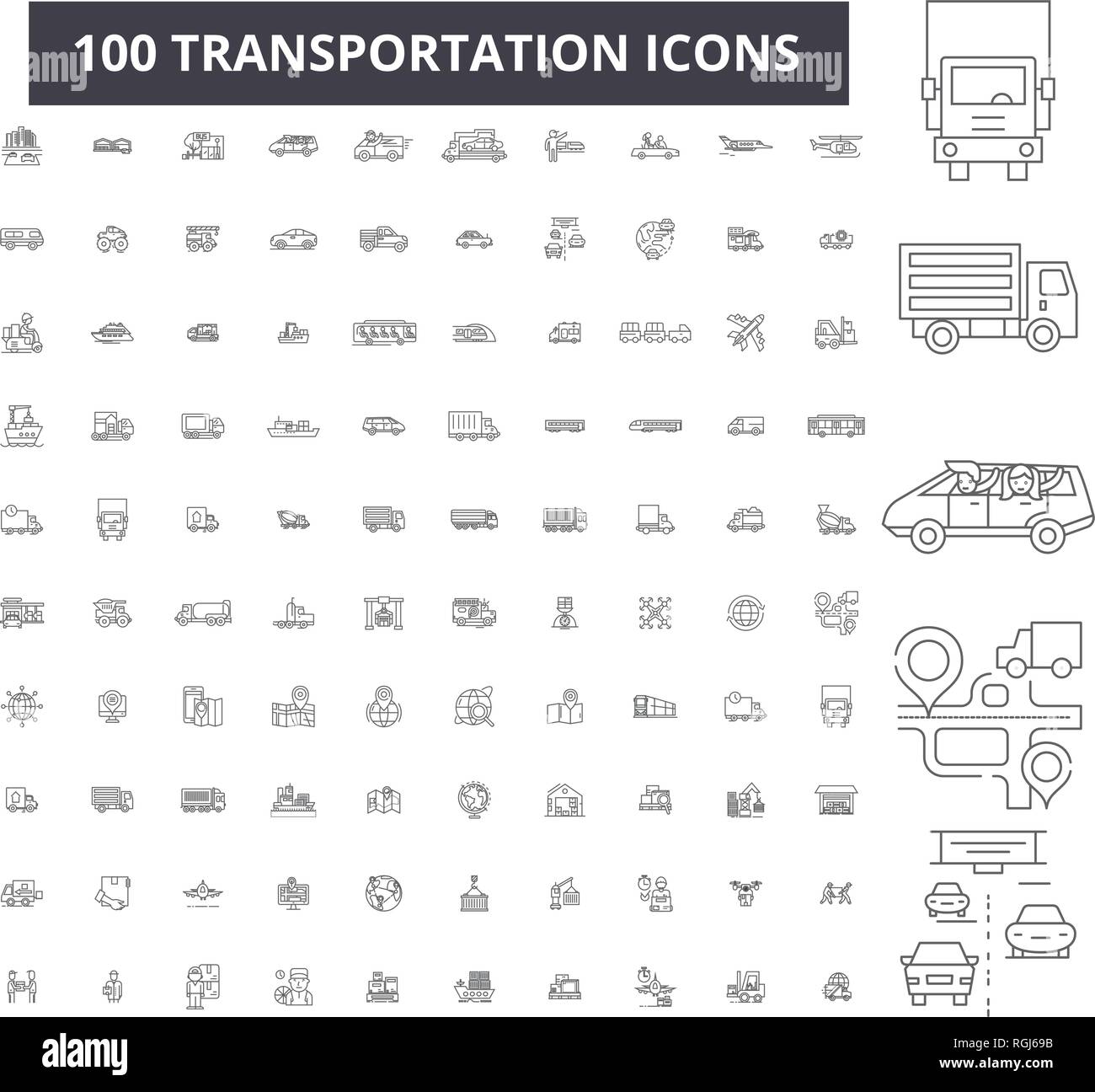Transportation editable line icons, 100 vector set, collection. Transportation black outline ...