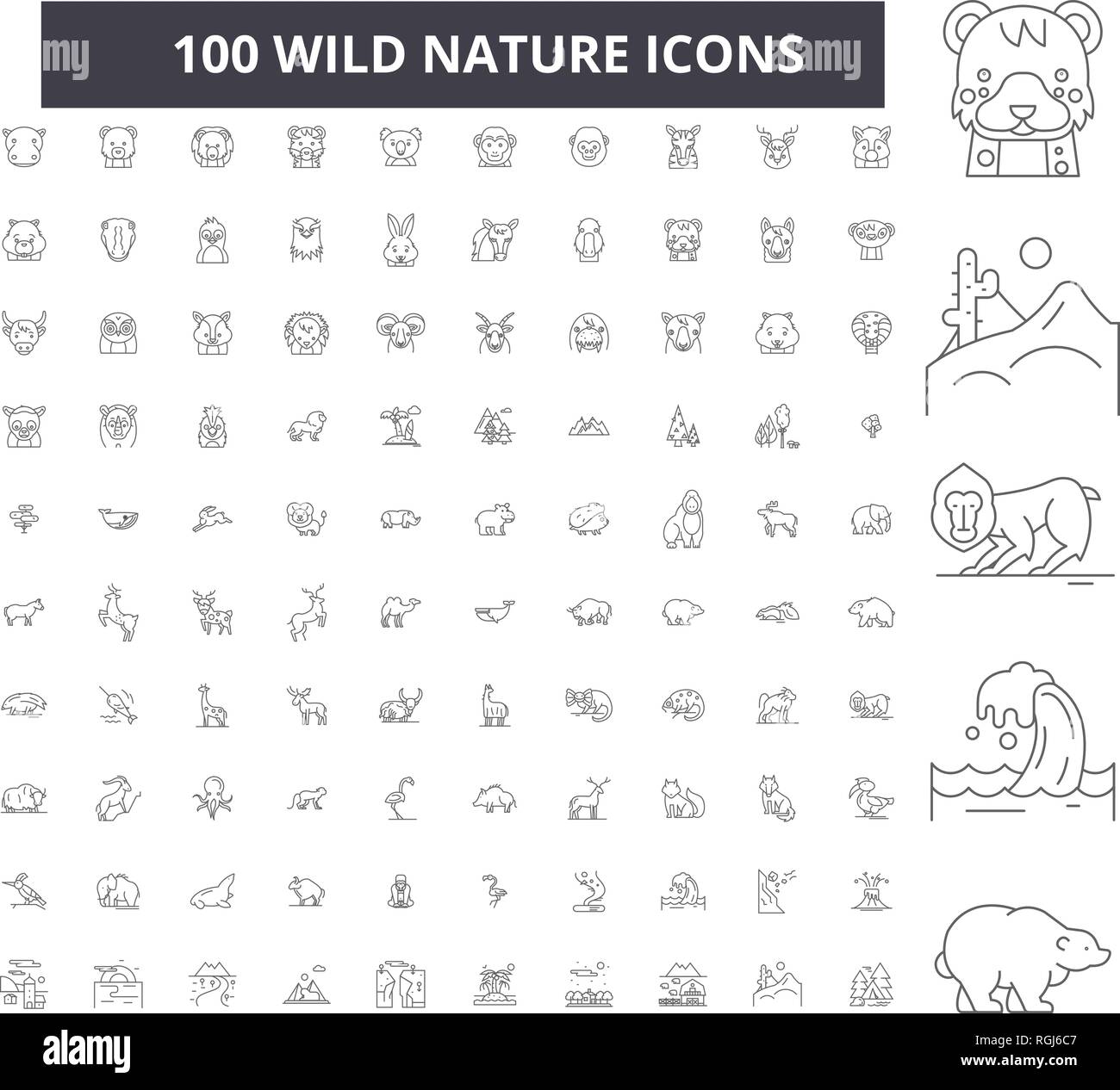 Wild nature editable line icons, 100 vector set, collection. Wild ...