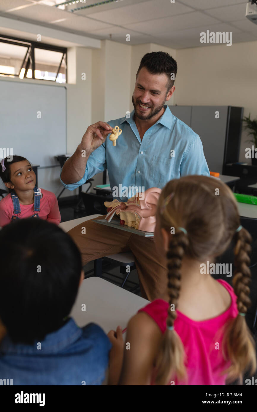 Male teacher explaining anatomical model in classroom of elementary ...