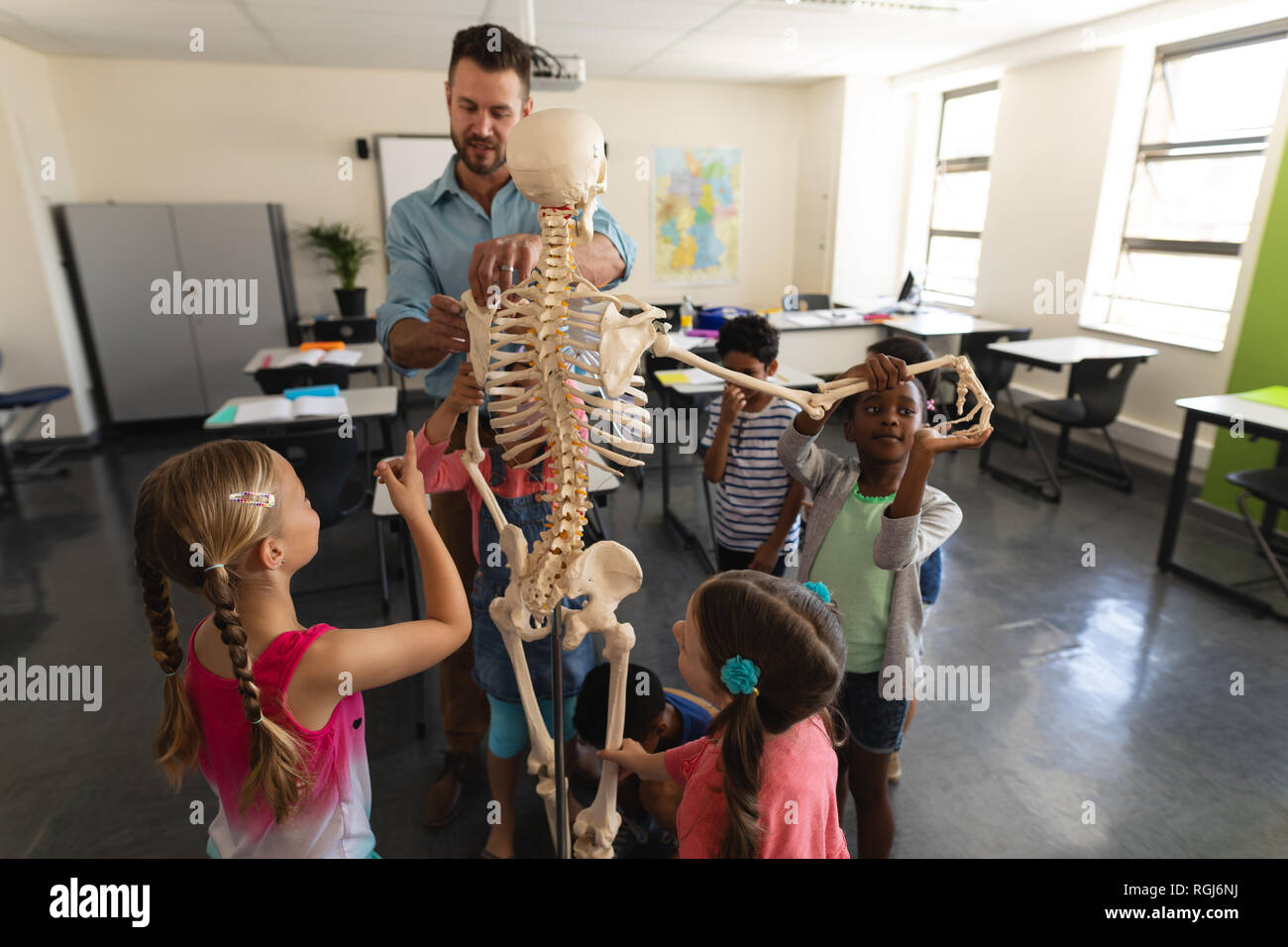 Male teacher explaining skeleton model in classroom of elementary ...