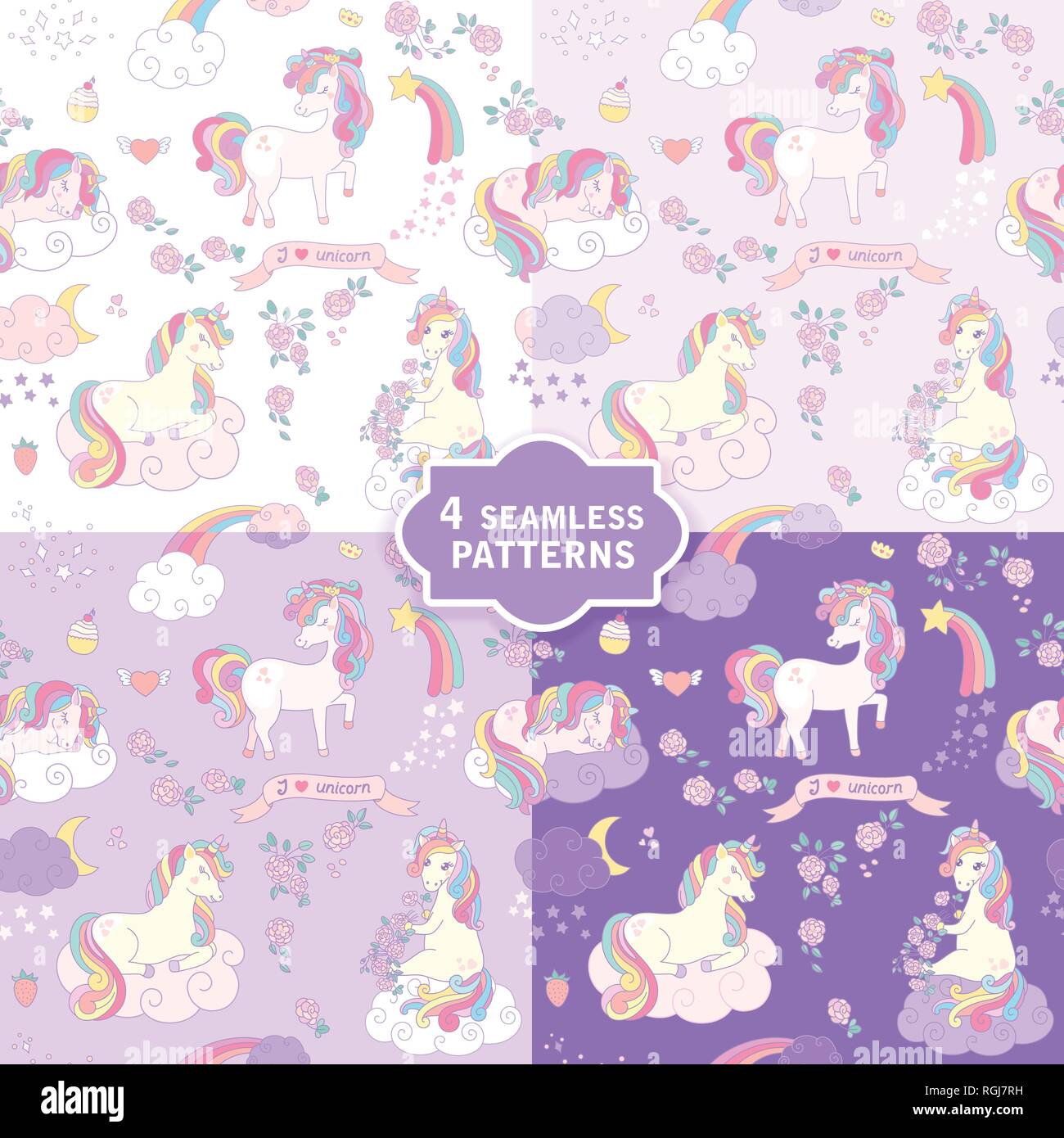 Hand drawn seamless vector pattern with cute unicorns in 4 colors Stock ...