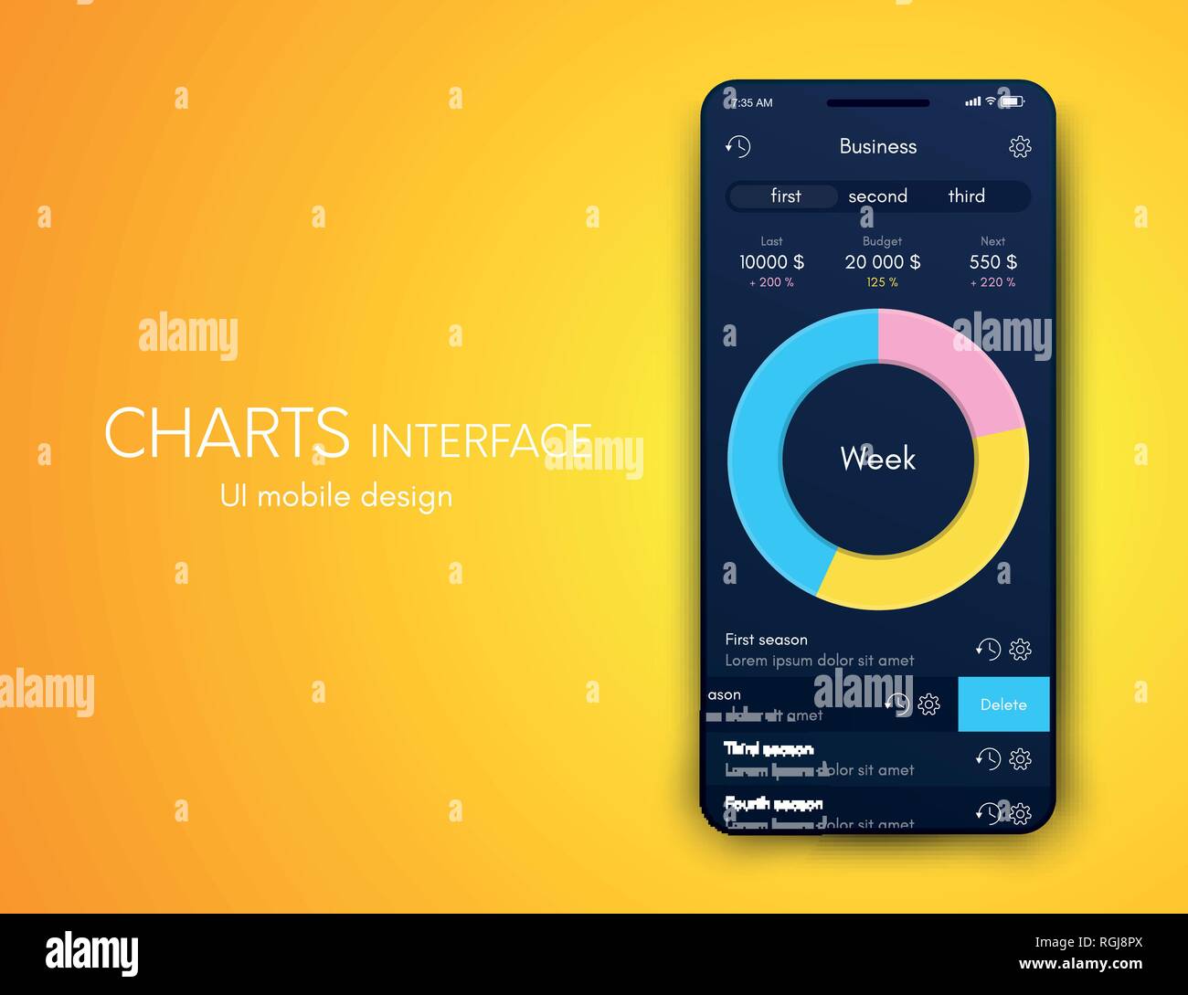 User interface with infographics with charts and graphs in flat design ...