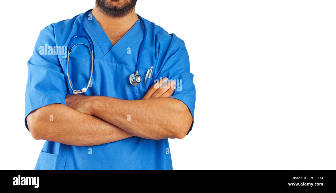 Young medical assistant with stethoscope on white background Stock ...