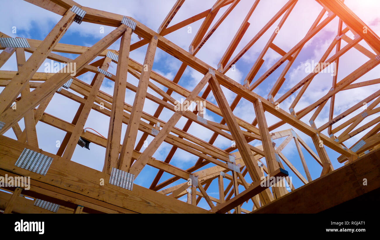 Residential construction home framing view on new house wooden under ...