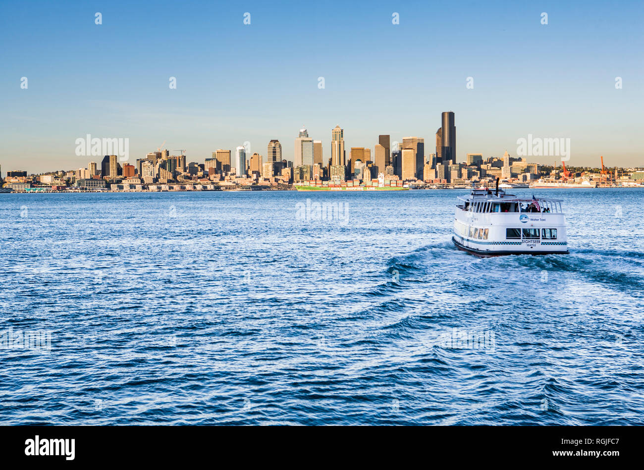 The West Seattle Water Taxi leaving for downtown Seattle on Elliott Bay ...