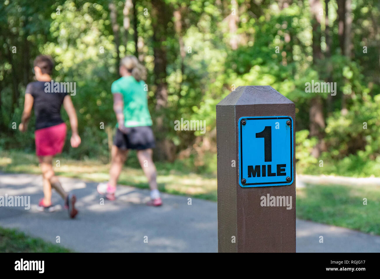 A one mile marker sign post beside a paved pathway with a bright green ...