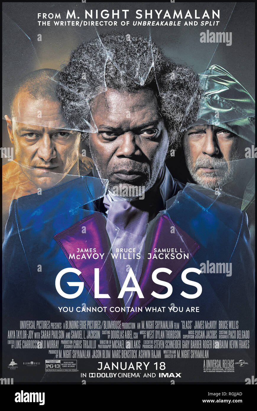 GLASS, US poster, from left: James McAvoy, Samuel L. Jackson, Bruce ...