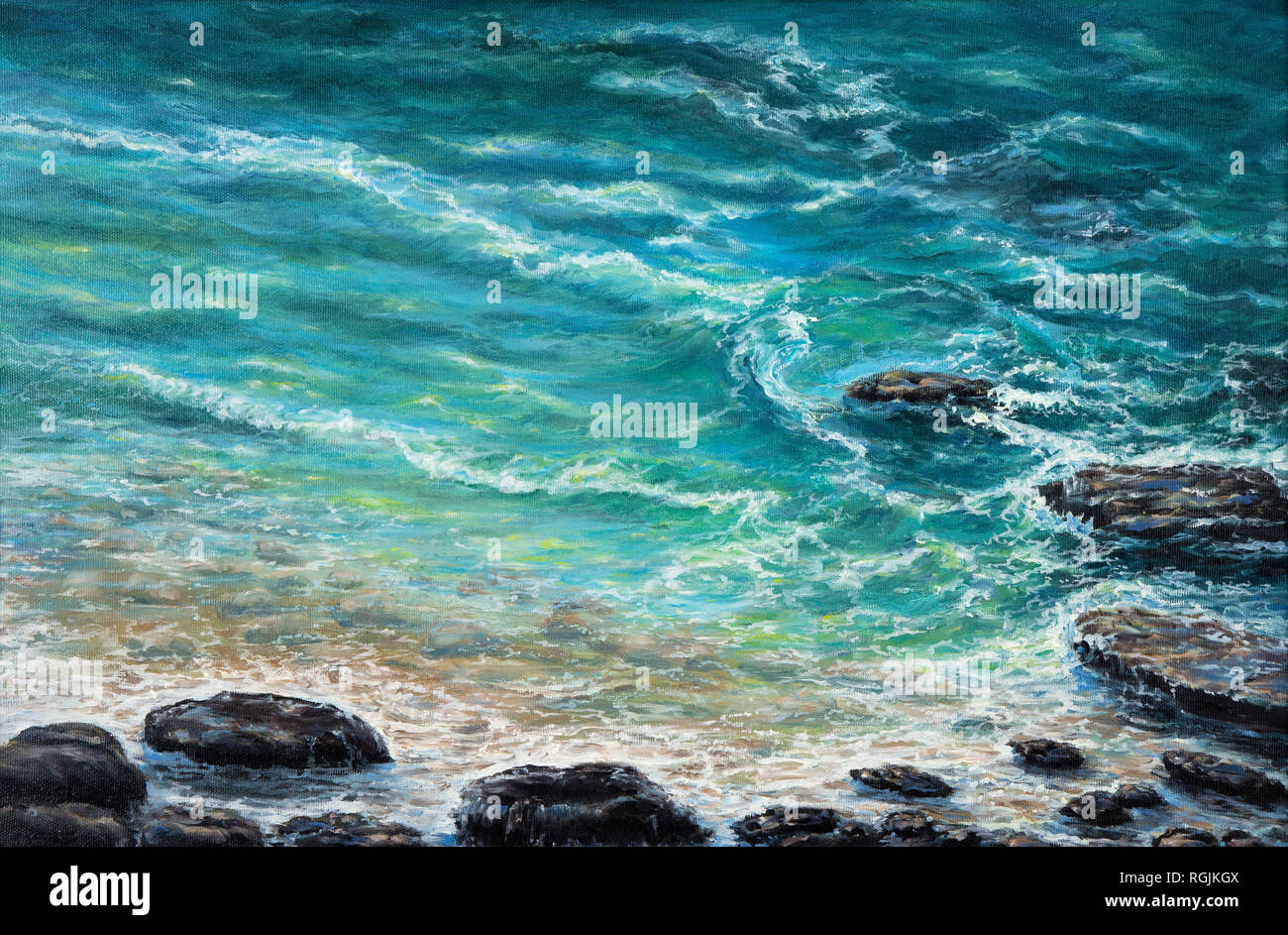 Original oil painting showing waves in ocean or sea on canvas. Modern ...