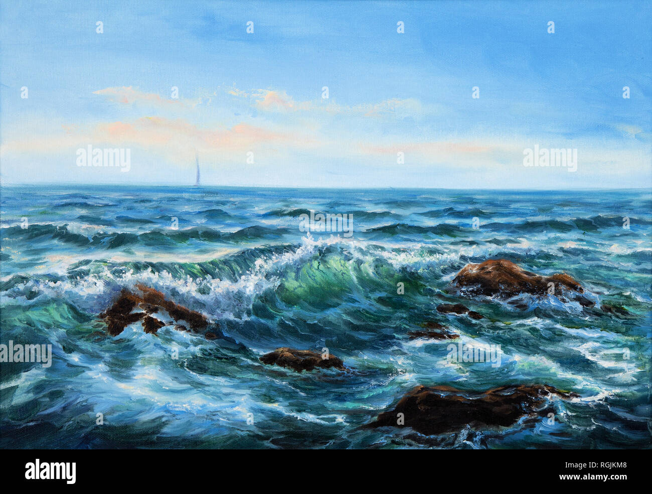 Original oil painting showing waves in ocean or sea on canvas. Modern ...