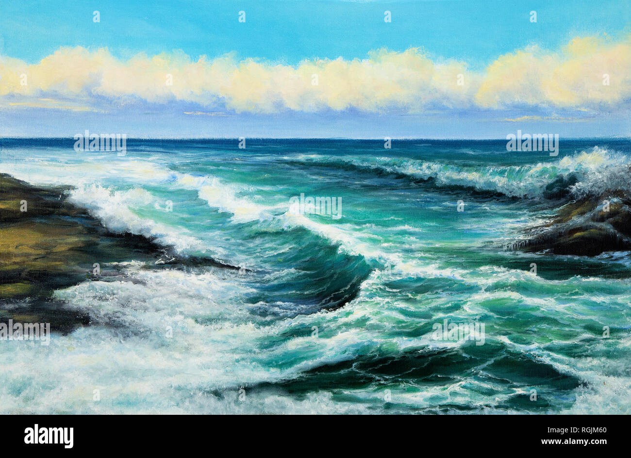 Original oil painting showing waves in ocean or sea on canvas. Modern ...