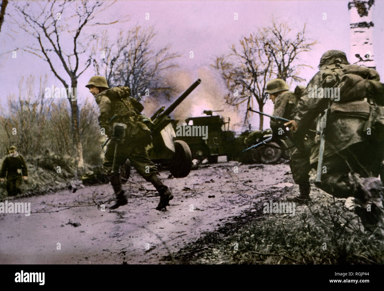 Enemy Troops Passing Burning U.S. Equipment, Ardennes-Alsace Campaign ...