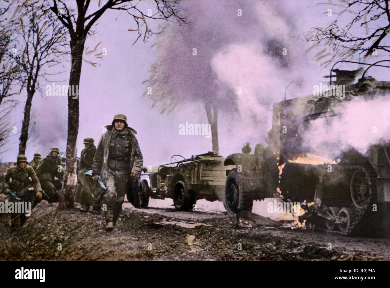 Enemy Troops Passing Burning U.S. Equipment, Ardennes-Alsace Campaign ...