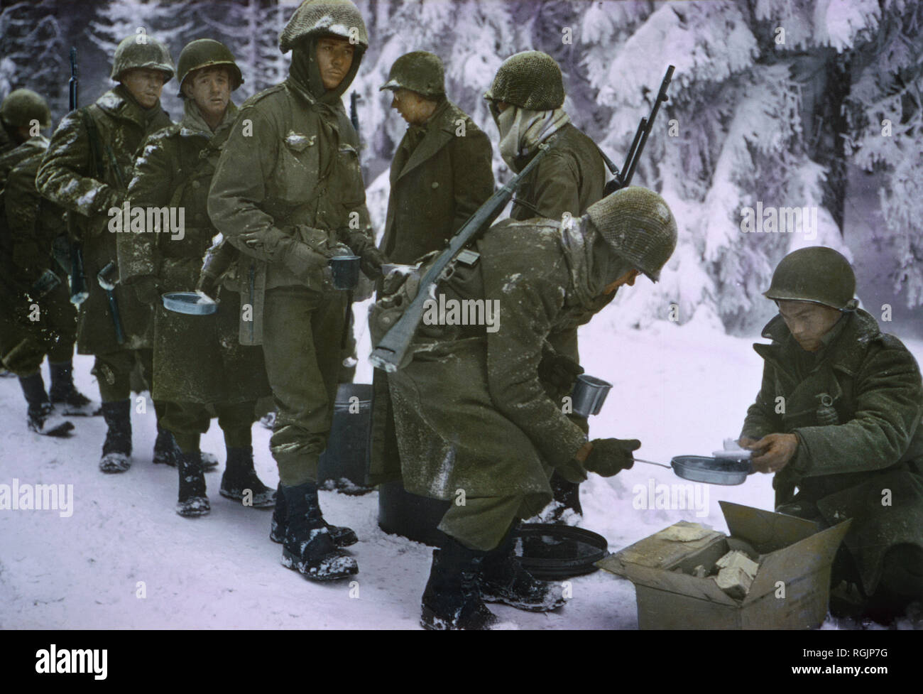 Soldiers Receiving Food at Field Mess, Ardennes-Alsace Campaign, Battle ...
