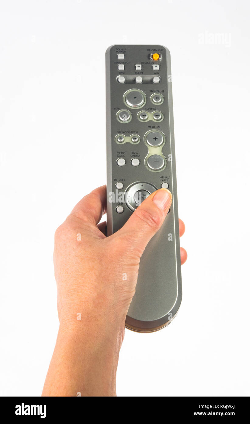 hand holding a remote control on white background Stock Photo - Alamy
