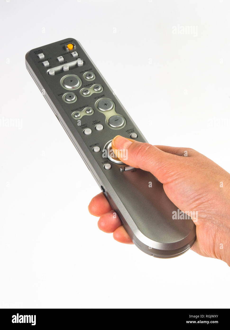 hand holding a remote control on white background Stock Photo - Alamy