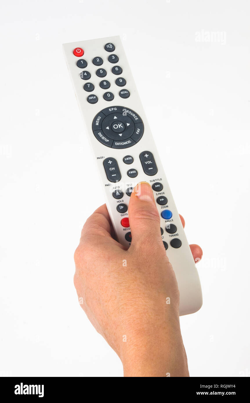 hand holding a remote control on white background Stock Photo - Alamy