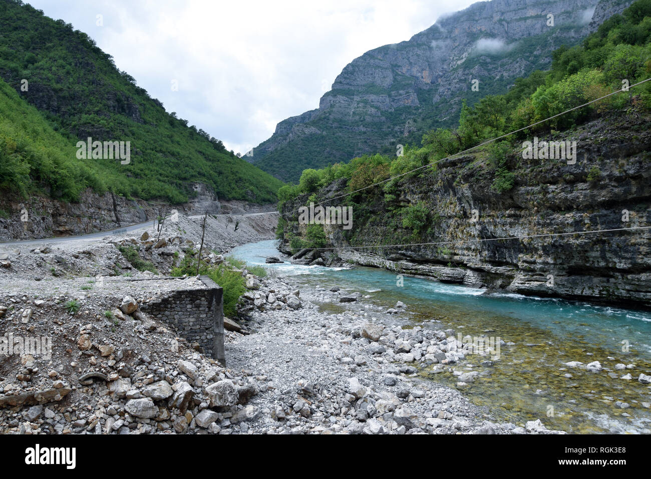 Cem river in north Albanian mountains. View from SH20 road. Albania ...