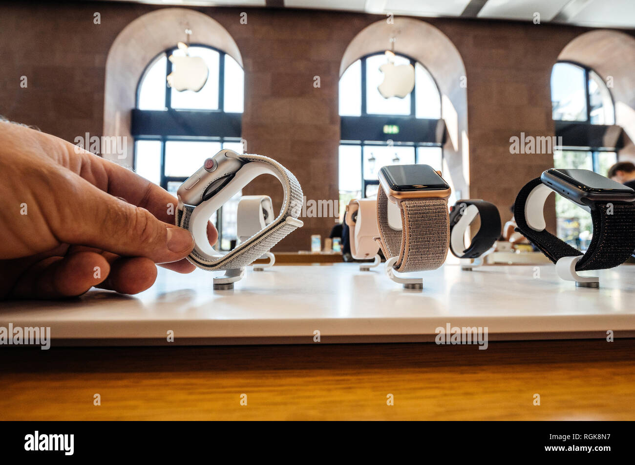 PARIS, FRANCE - JUL 16, 2018: Modern Apple Mac store main hall with ... PARIS, FRANCE - JUL 16, 2018: Modern Apple Mac store main hall with ...
