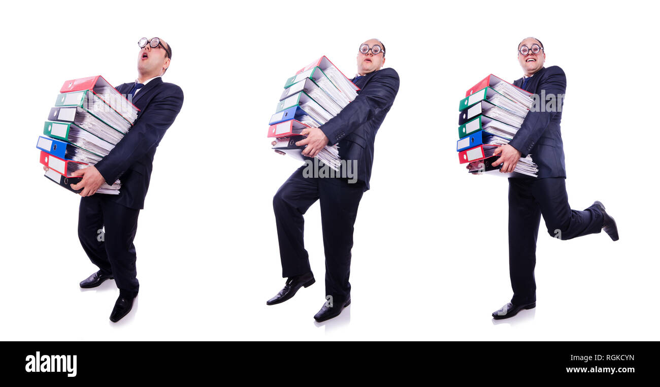 Funny man with lots of folders on white Stock Photo - Alamy
