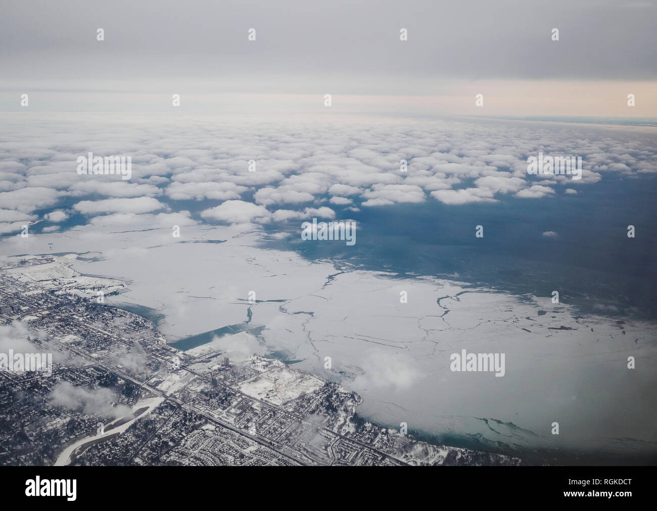 Aerial view of Lake Ontario as taken over Toronto and Mississauga ...