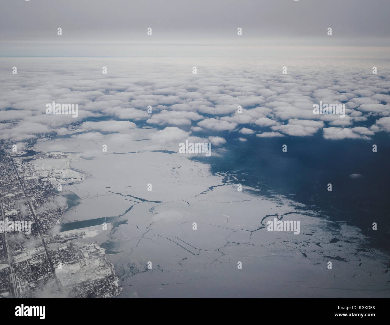 Aerial view of Lake Ontario as taken over Toronto and Mississauga ...