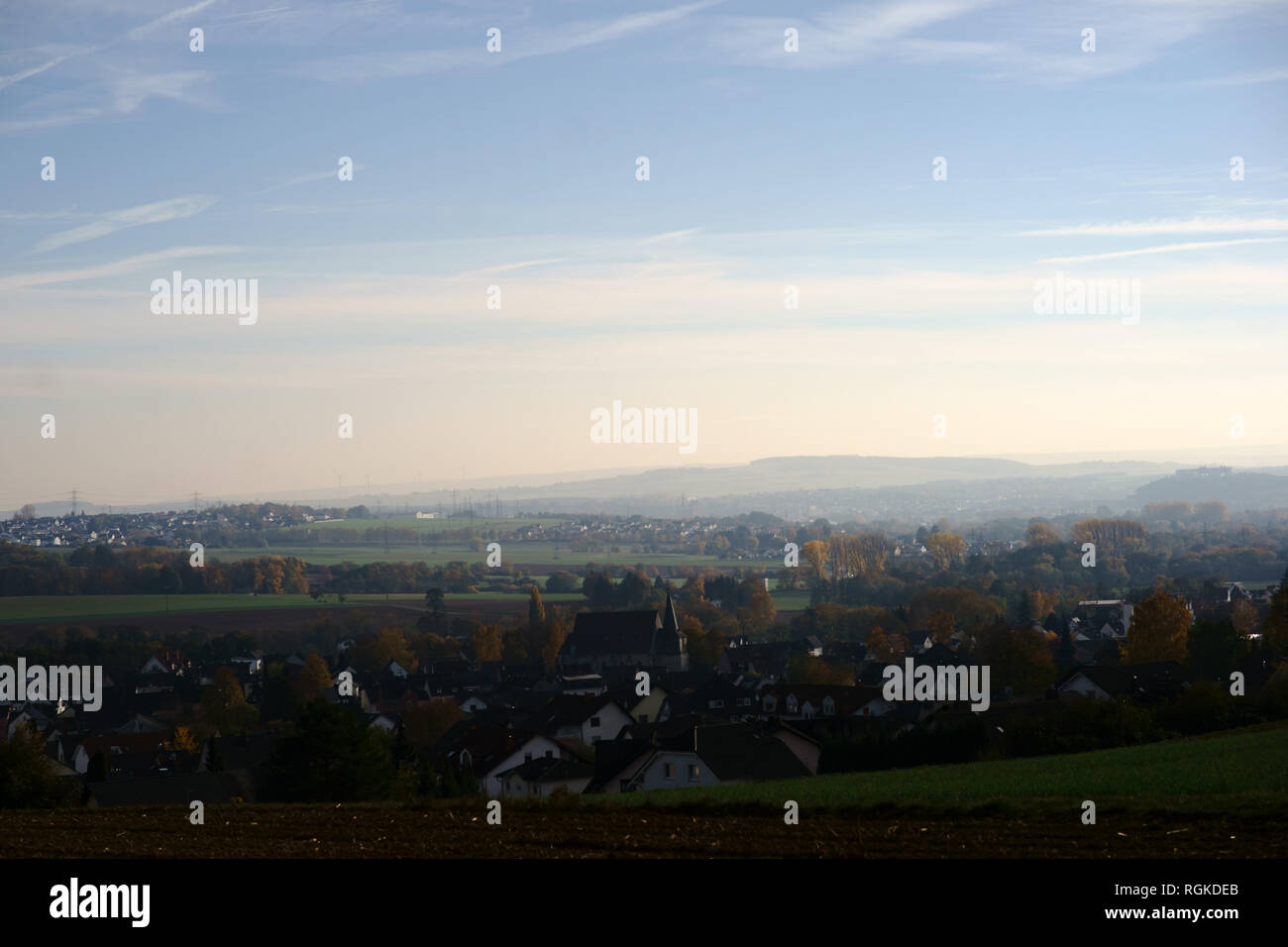 The view over the city of Hadamar in the midst of a hilly landscape ...