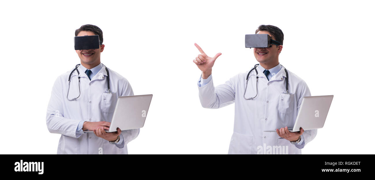 Doctor wearing a vr virtual reality headset isolated on white ...