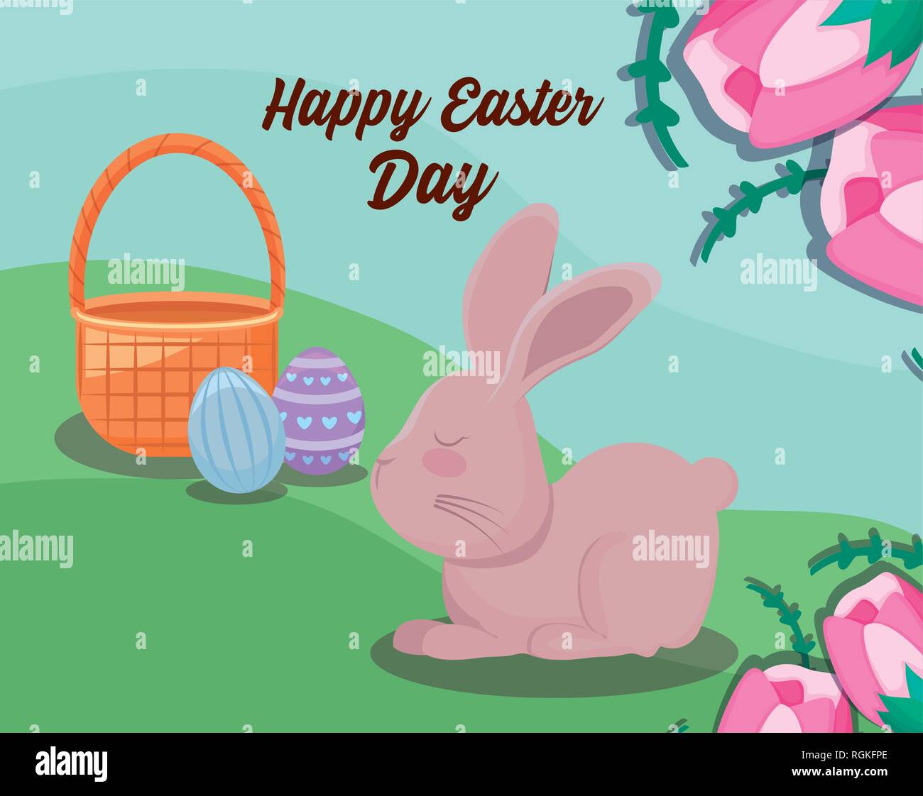 happy easter day card with cute rabbit and eggs vector illustration ...
