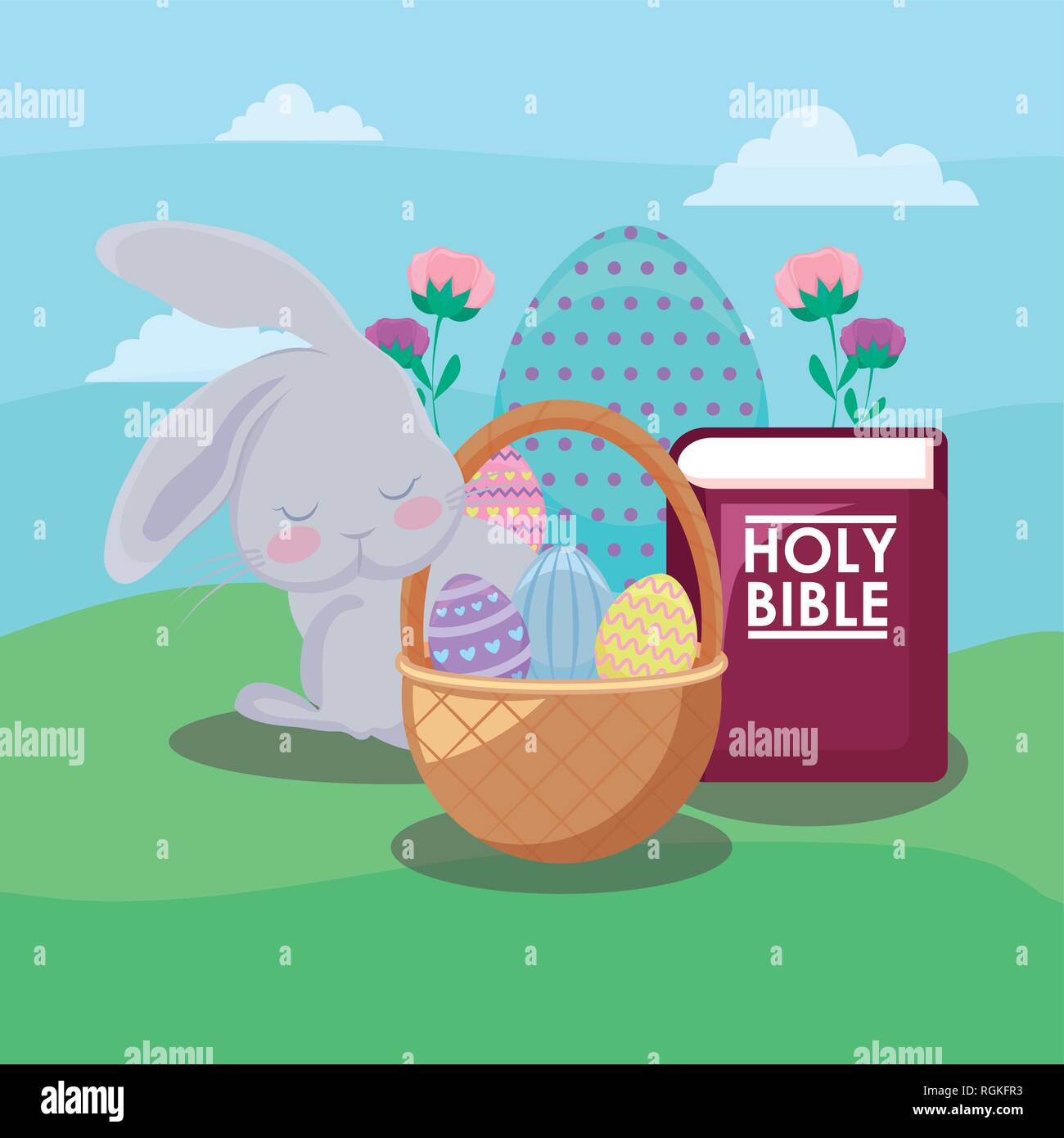happy easter day card with cute rabbit and holy bible vector ...