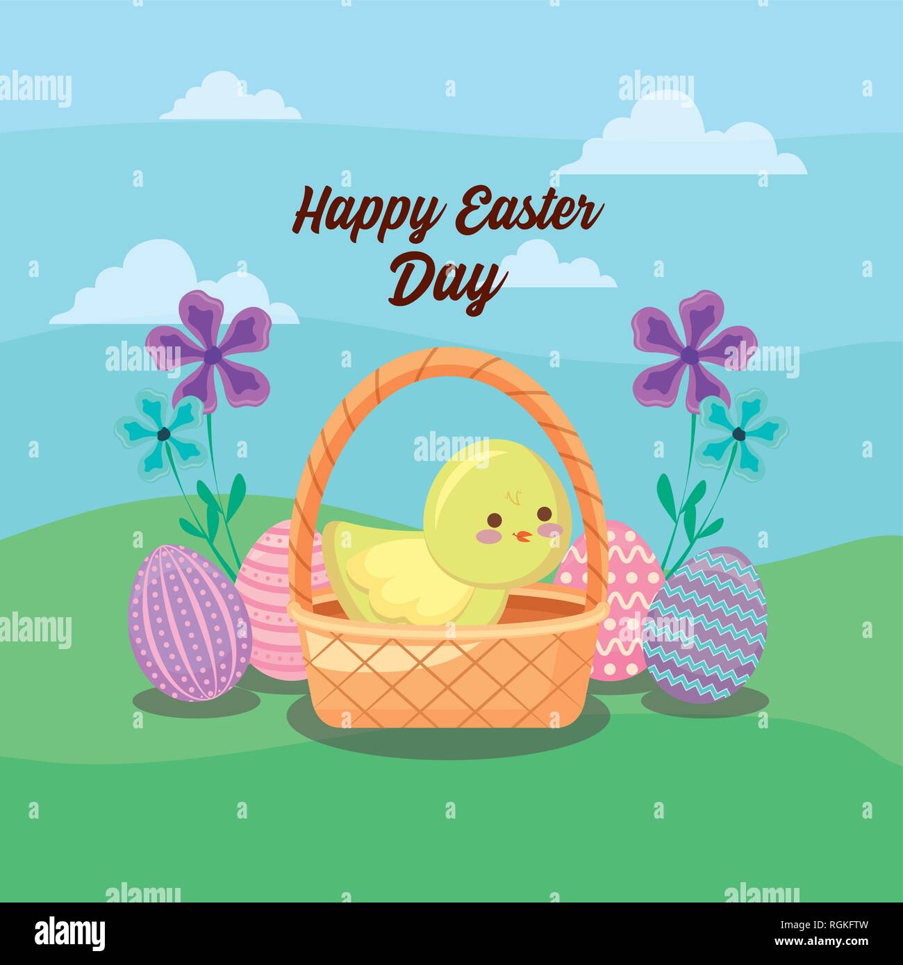 happy easter day card with cute chicken and eggs vector illustration ...