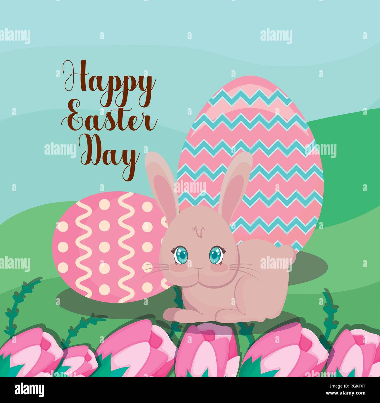 happy easter day card with cute rabbit and eggs vector illustration ...