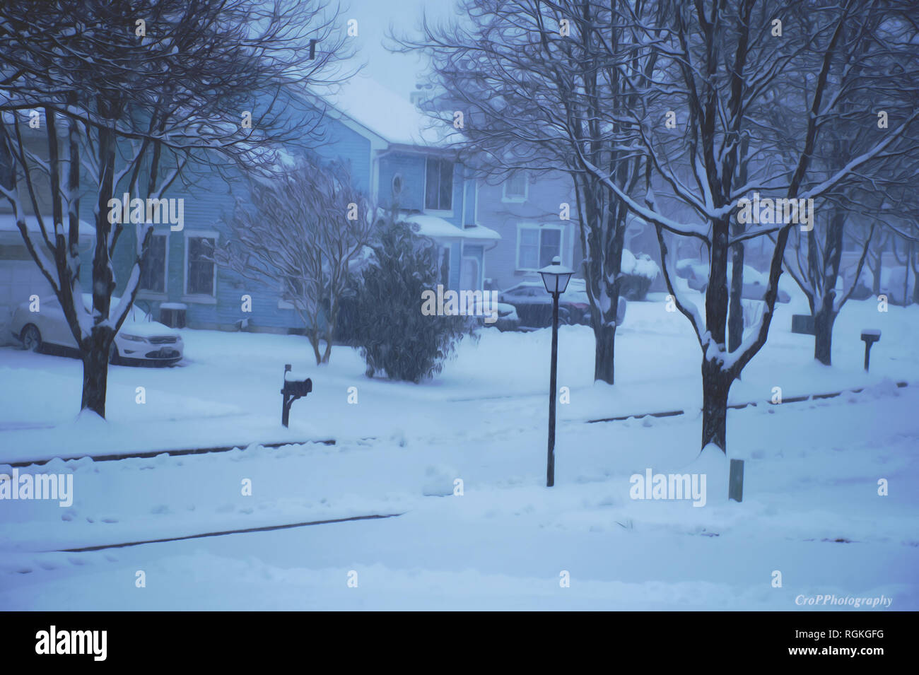 illustration of neighborhood during snow Stock Photo - Alamy