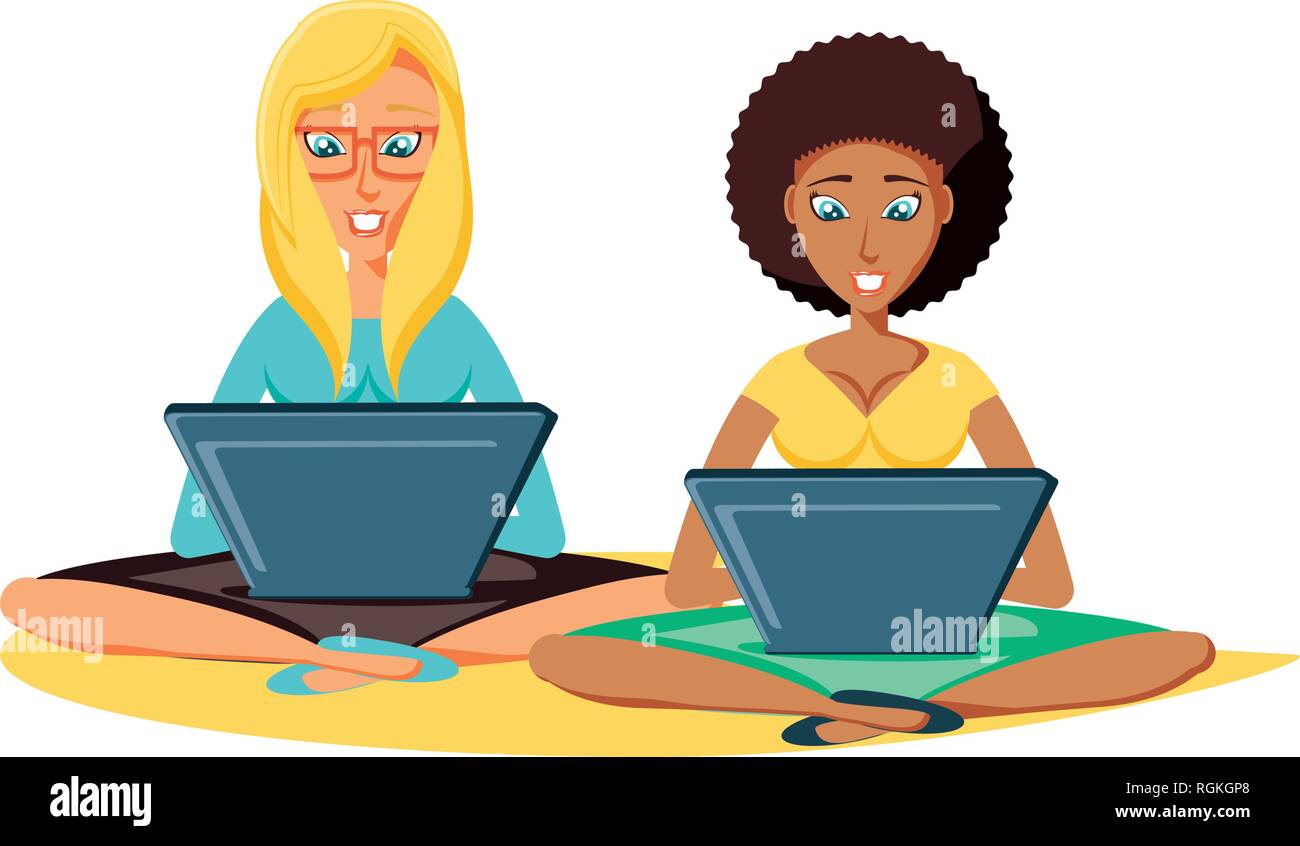 young women sitting with laptop computers vector illustration design ...