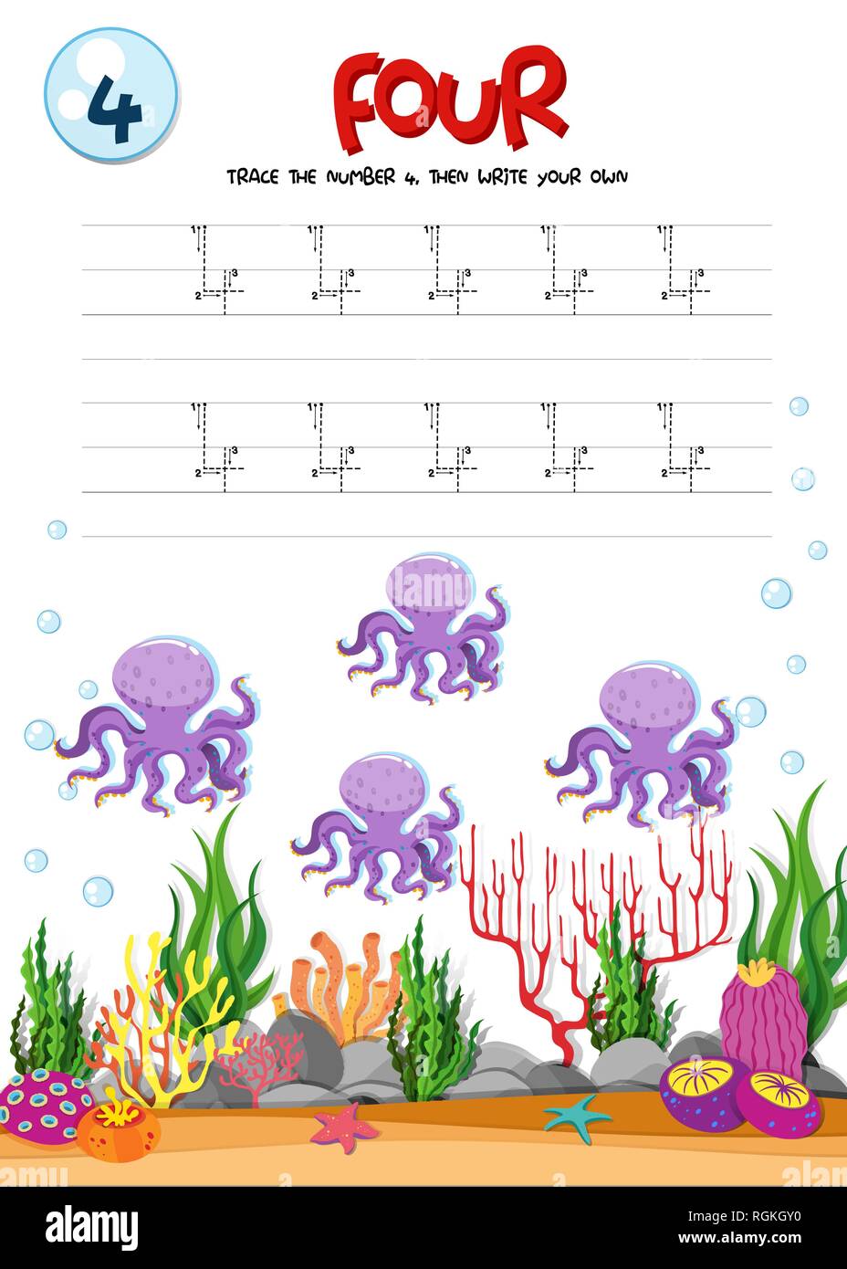 Number four tracing worksheets illustration Stock Vector Image & Art ...