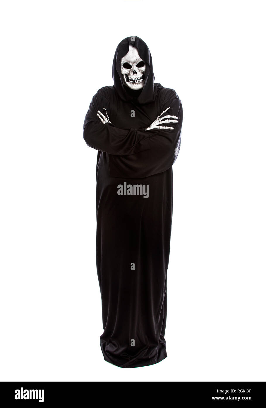 Halloween costume of a skeleton grim reaper wearing a black robe on a ...